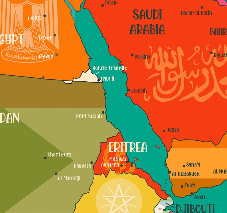 Middle Eastern/near Eastern Countries and Major Cities Map Giclée Print ...