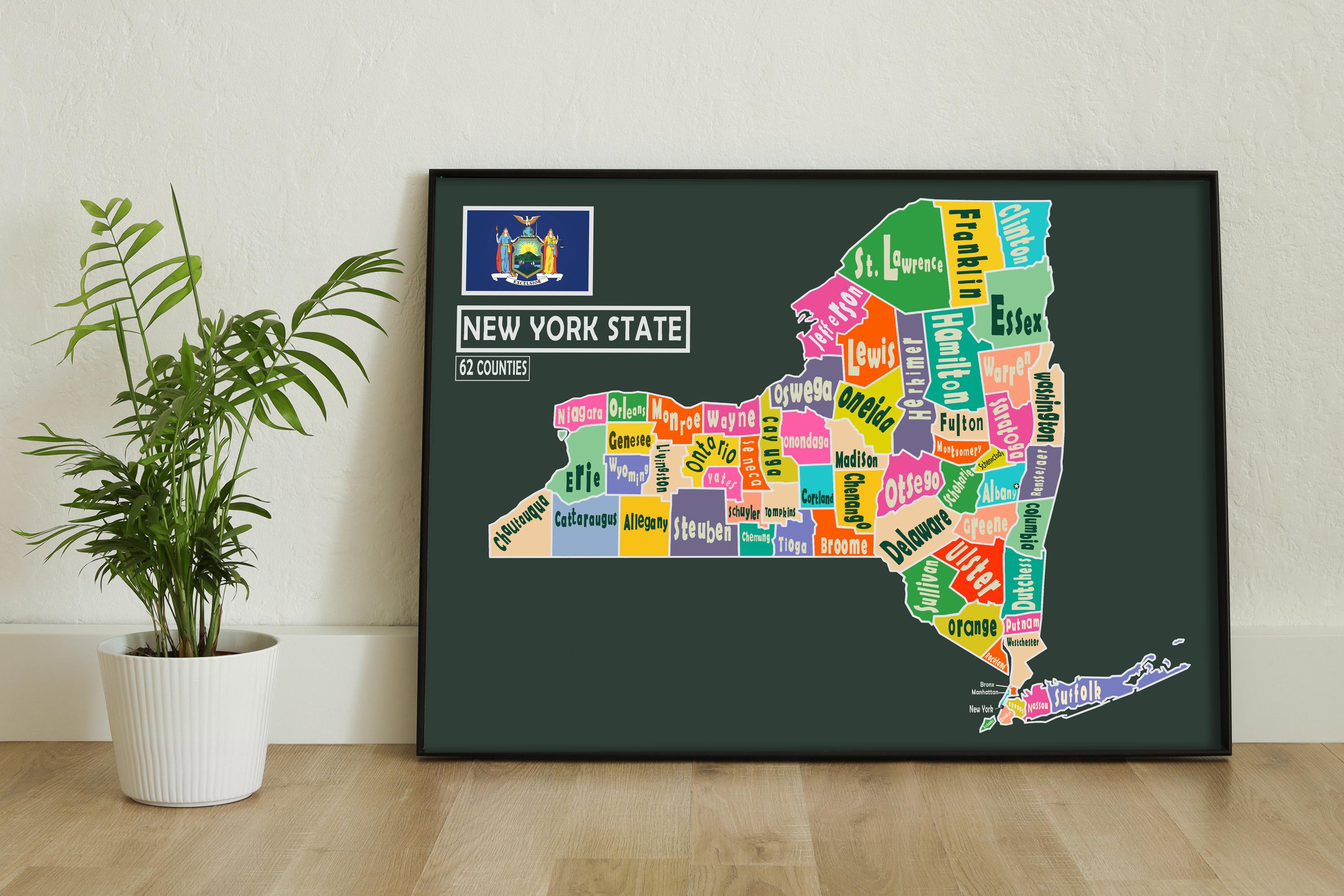 New York State - A Map. Giclée Print, Various Standard Sizes (A1 to A4 ...