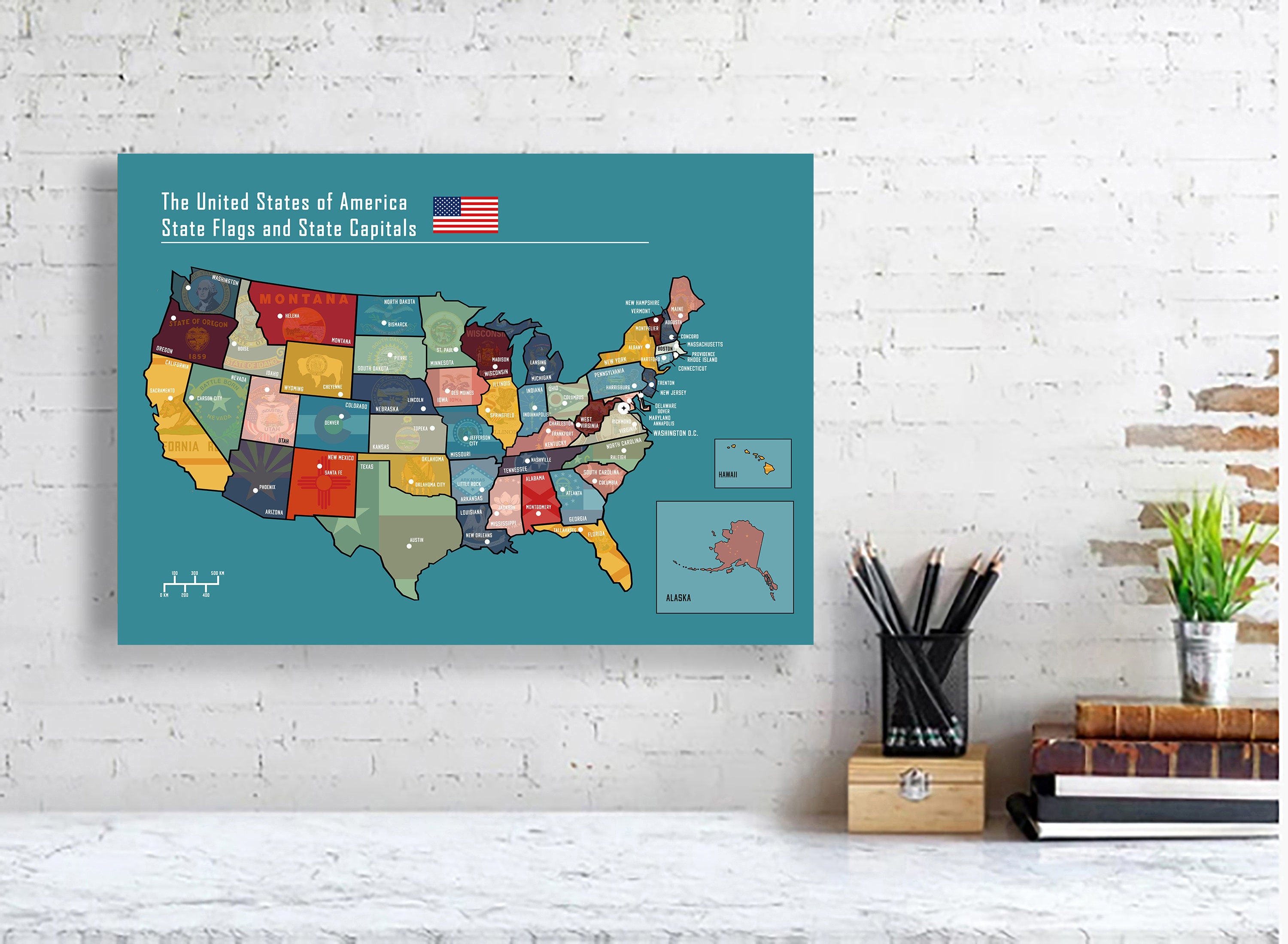 USA Map With State Flags Design and State Capitals Limited Edition ...