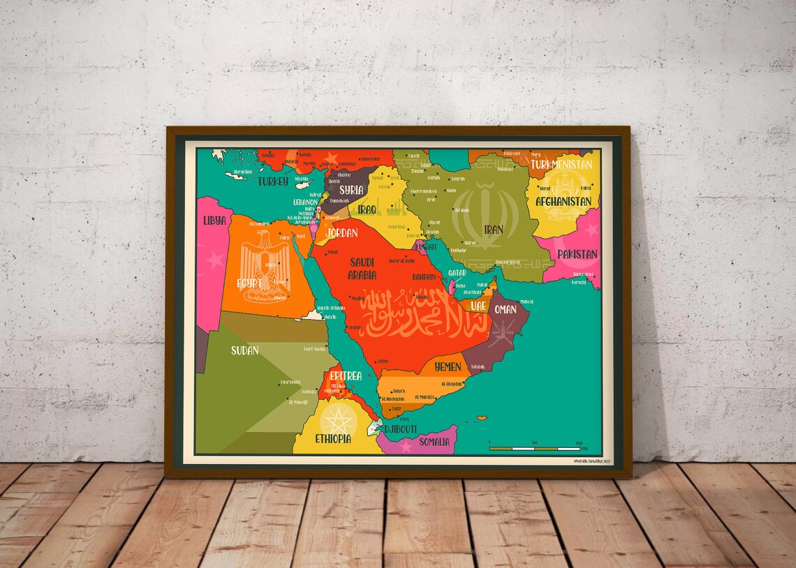 Middle Eastern/near Eastern Countries and Major Cities Map Giclée Print ...