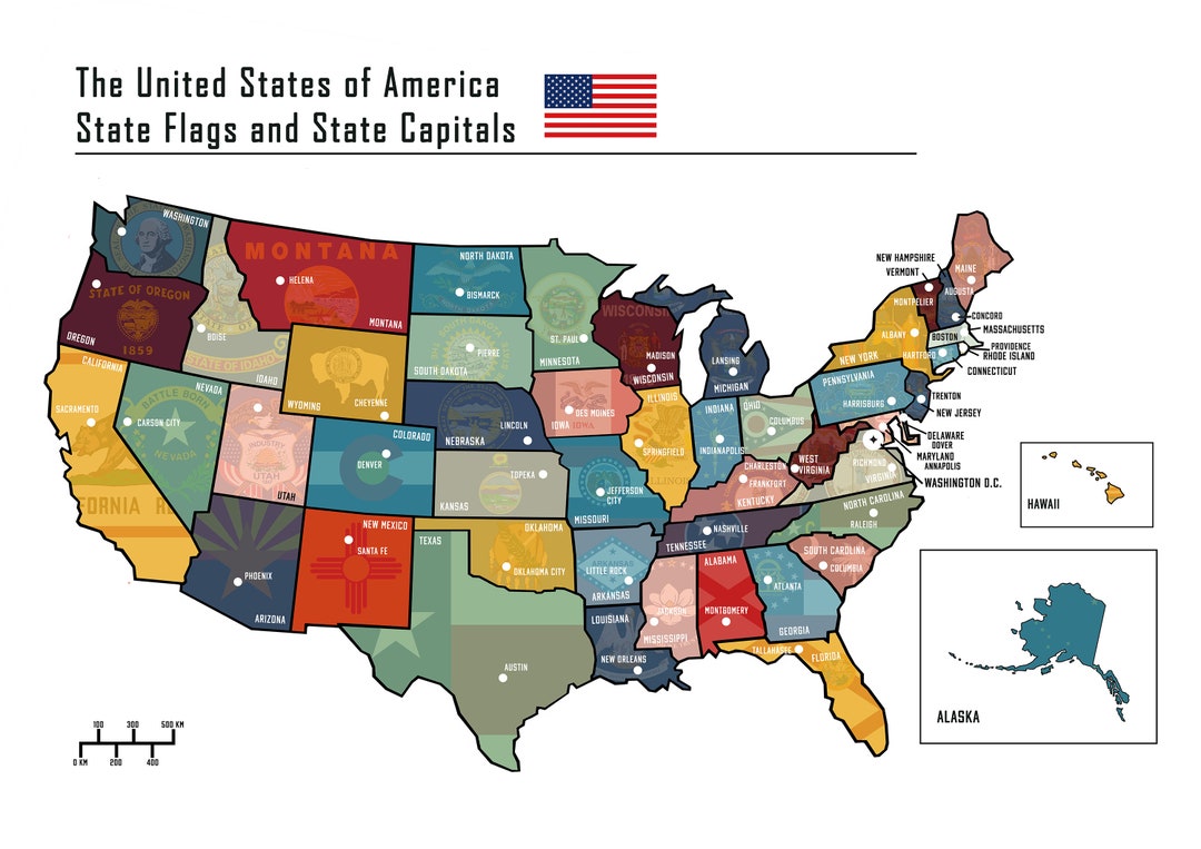 USA Map With State Flags Design and State Capitals - Limited Edition ...