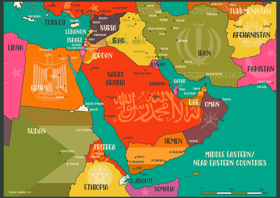 Middle Eastern/near Eastern Countries and Major Cities Map- Giclée ...