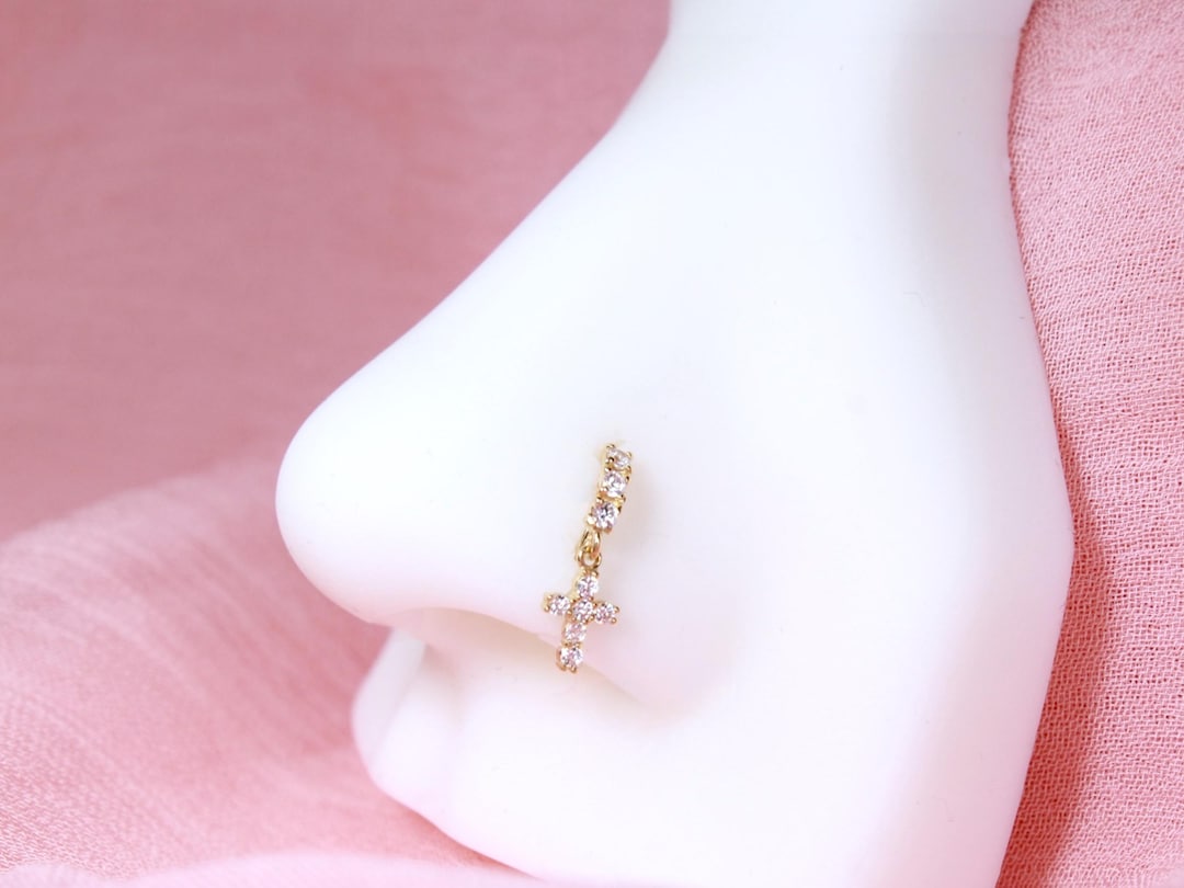 14K Gold Cross Nose Ring, 20g Dangling Cross CZ Nose Hoop Ring Jewelry ...
