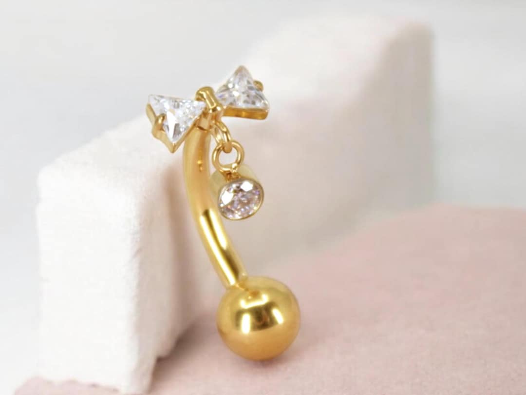 NEW Titanium Bow Dangling Stone Belly Button Ring, 14g Dainty Gold ...