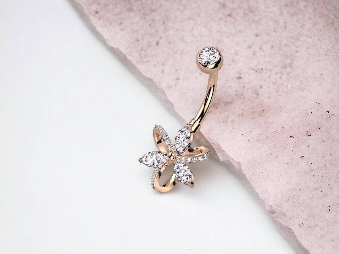 14G Rose Gold Flower Petal Belly Button Ring. Cute Marquise Petals ...