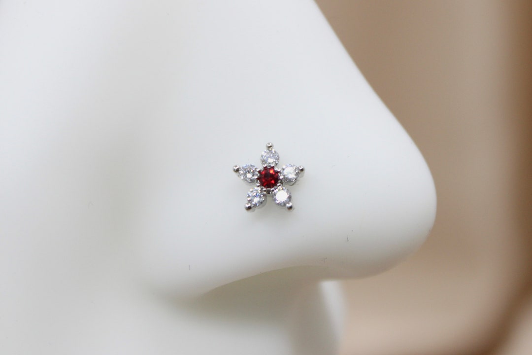 Flower Nose Stud, 20g Nose Stud, Decorative Flower Top Ruby Red Nose ...