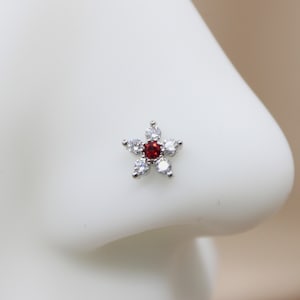 Flower Nose Stud, 20g Nose Stud, Decorative Flower Top Ruby Red Nose ...
