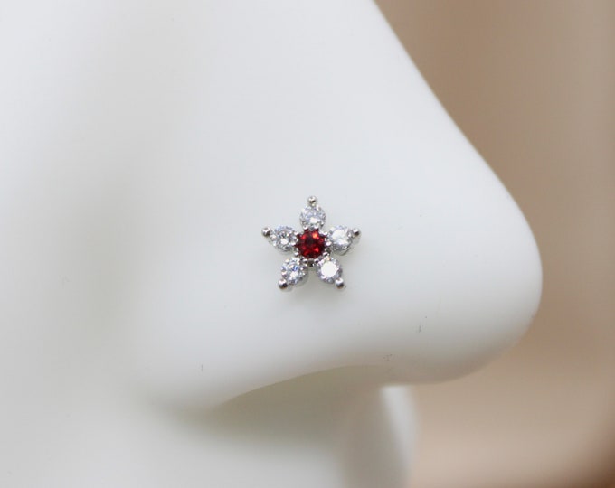 Flower Nose Stud, 20g Nose Stud, Decorative Flower Top Ruby Red Nose ...