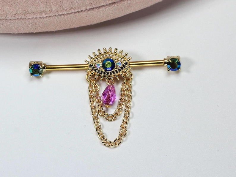 14G Evil Eye Industrial Barbell, Dainty Gold Dangling Chain Industrial ...