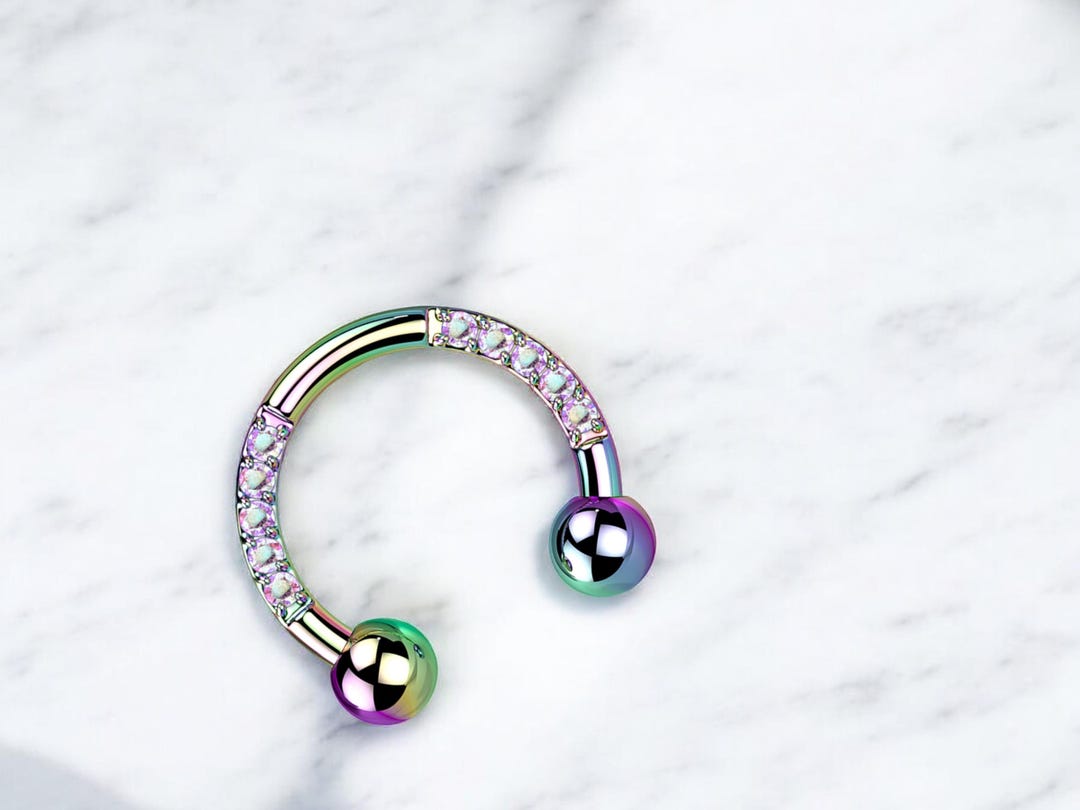 Titanium Horseshoe Rainbow Septum Ring With CZ Crystals, 16g Front ...