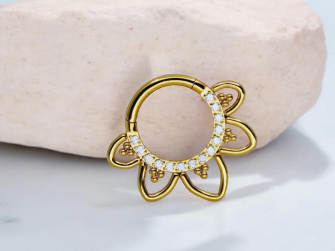Gold Titanium Septum Piercing Hoop Ring Heart Sparkling Gem Front Decor ...