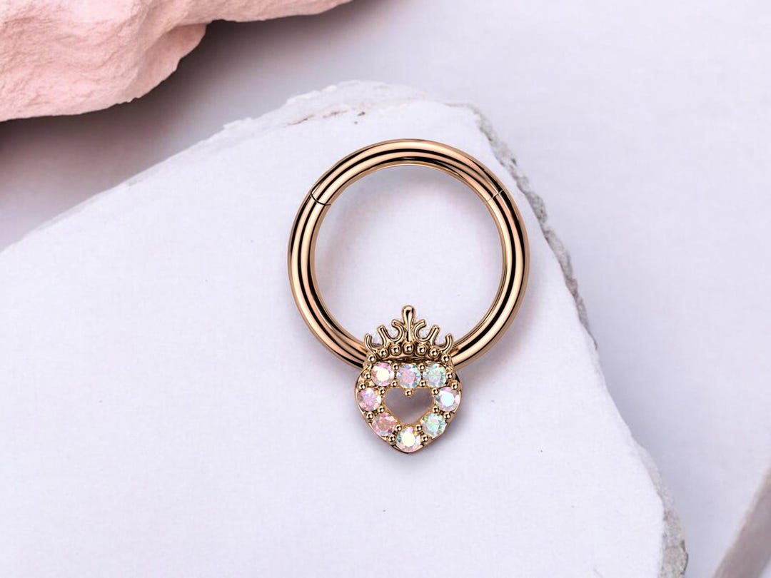 16g Rosegold Heart Septum Clicker Ring Hoop. Dainty Pink Sparkling Gems ...