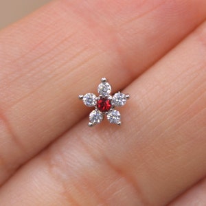 Flower Nose Stud, 20g Nose Stud, Decorative Flower Top Ruby Red Nose ...