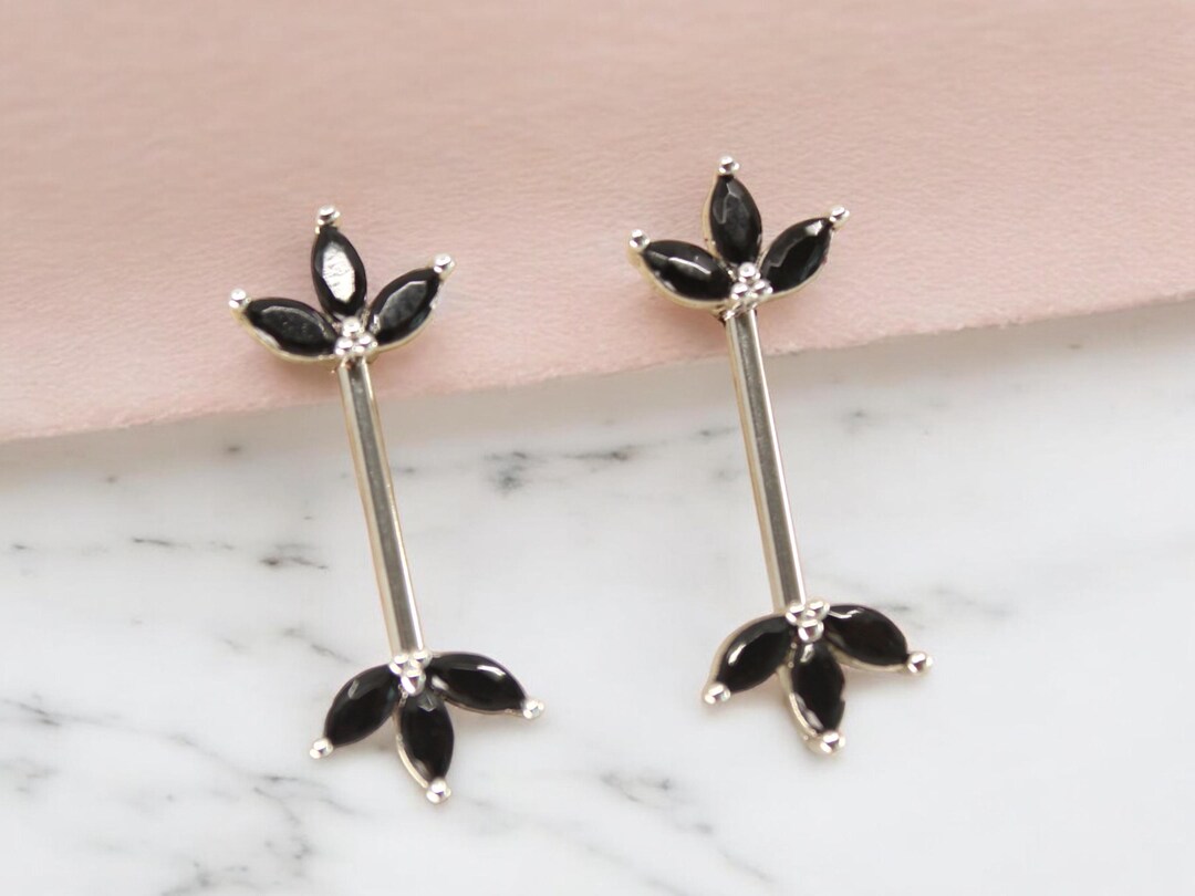 Black Marquise Leaf Nipple Barbell, 14g Floral Petal Black Nipple Ring ...