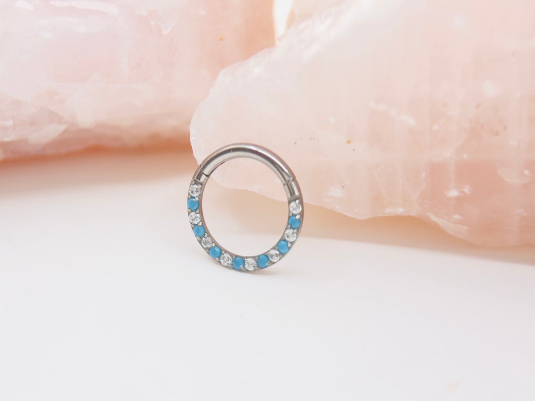 Implant Grade Titanium Silver Blue Gem Septum Clicker, Front Gem Nose ...