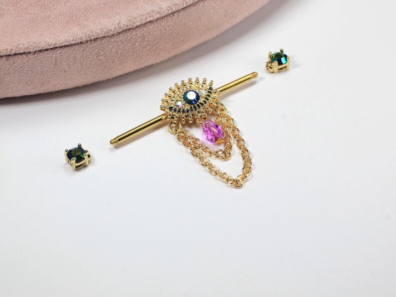 14G Evil Eye Industrial Barbell, Dainty Gold Dangling Chain Industrial ...