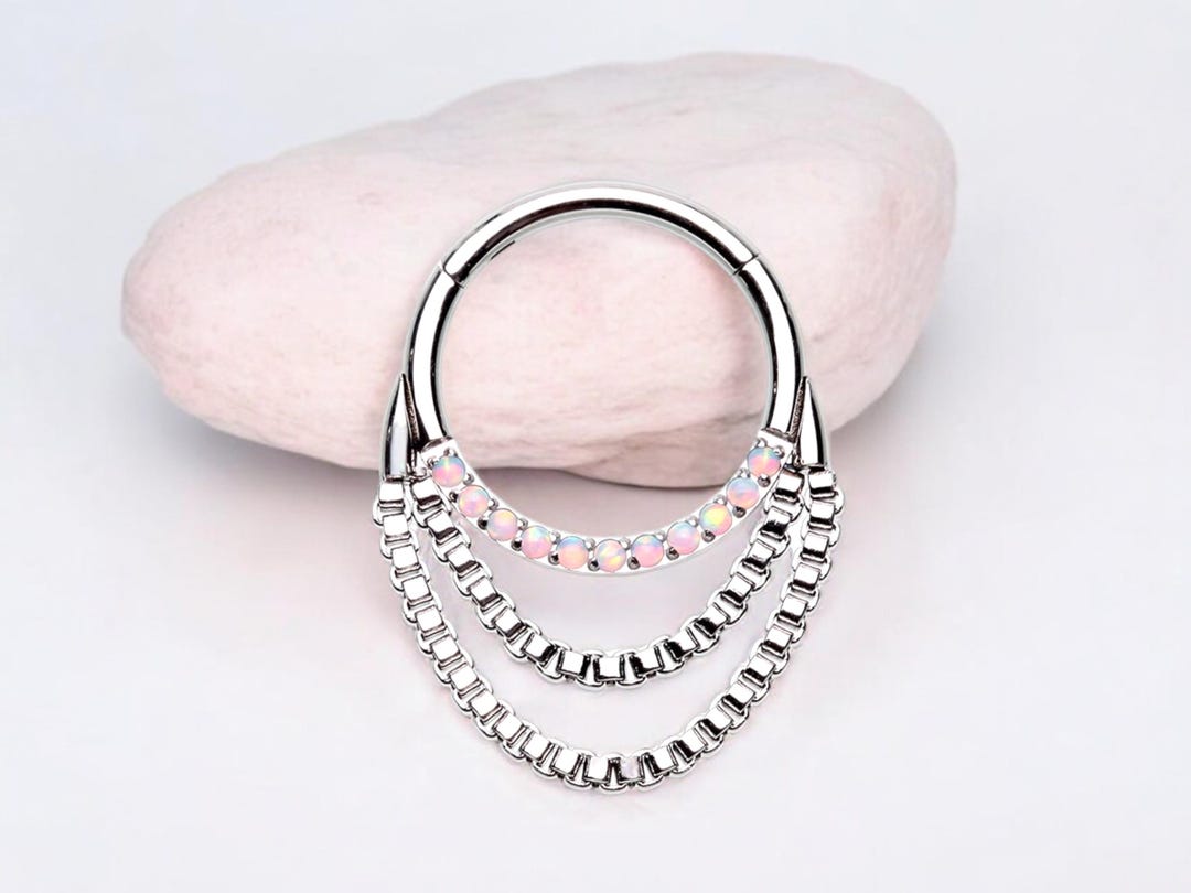 16g Dangling Chain Septum Clicker Ring, Silver Double Chain Sparkling ...