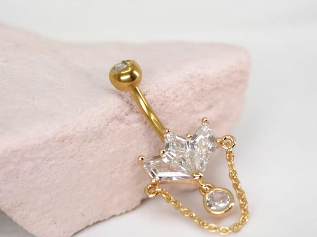 14g Gold Belly Button Ring, Marquise Gem Petal Decor Chain Charm Belly ...