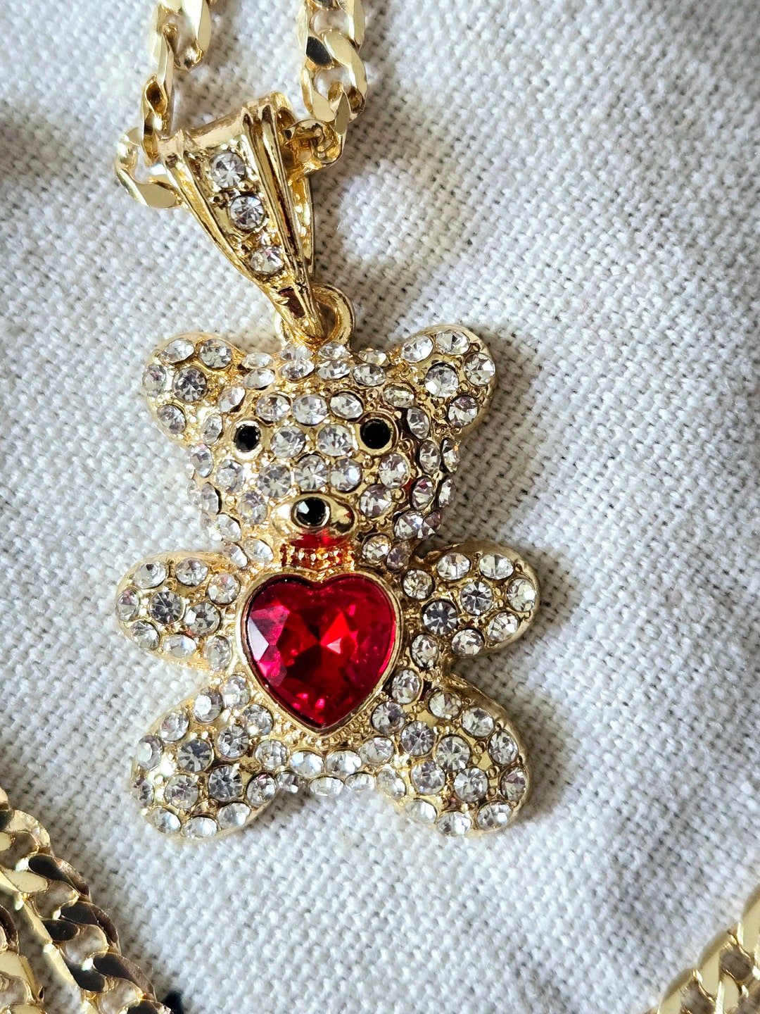 Cuban Chain Size 22 Inch With Bear Red Pendant in 14k Laminated Gold ...