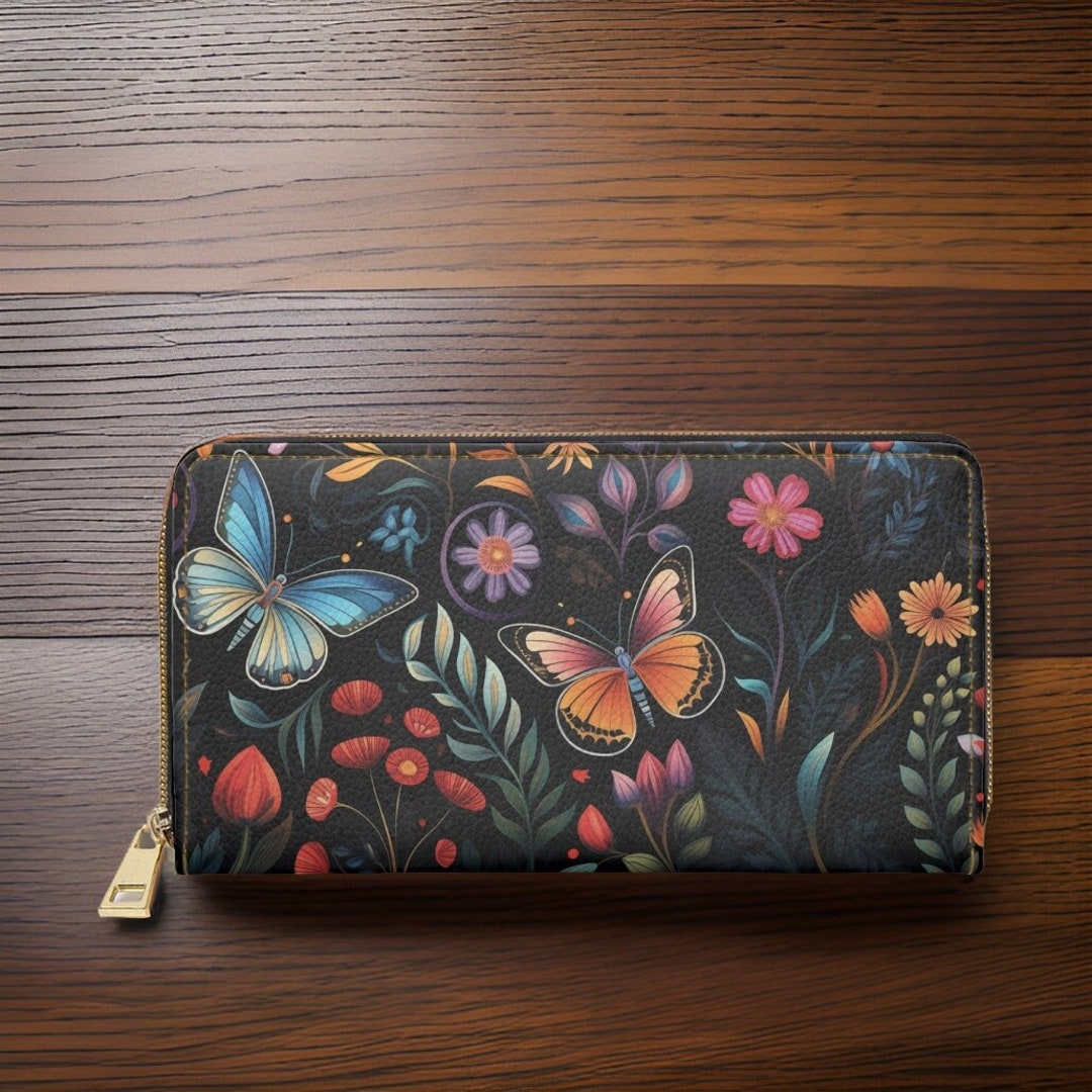 Floral Butterfly Zipper Wallet Floral Purse, Butterfly Leather Wallet ...