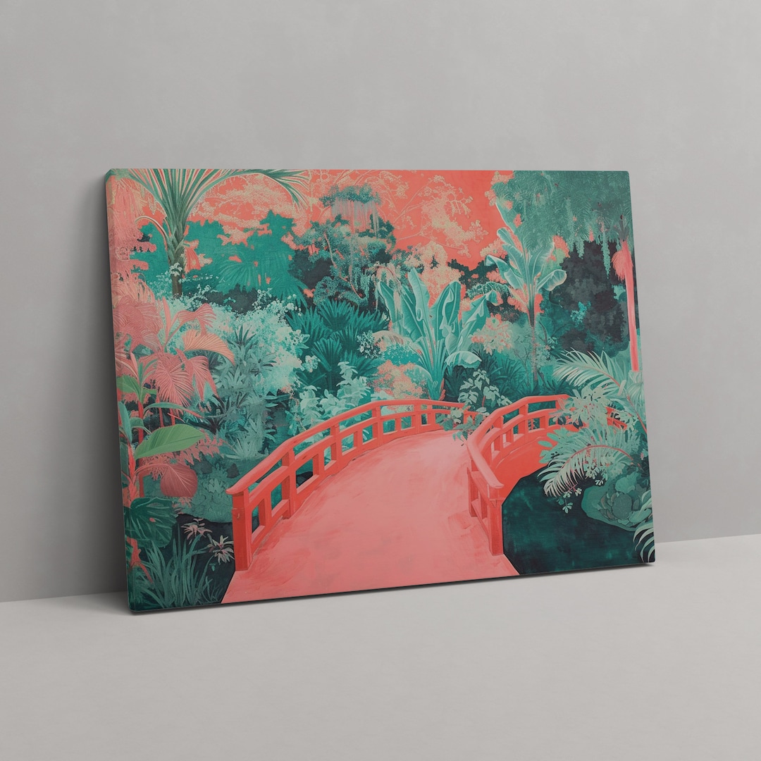 Enchanted Flora Bridge: Surreal Tropical Jungle Canvas Art in Green ...
