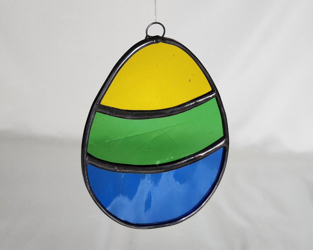 Easter Egg Stained Glass Suncatcher in Blue Yellow Green Stripes for ...