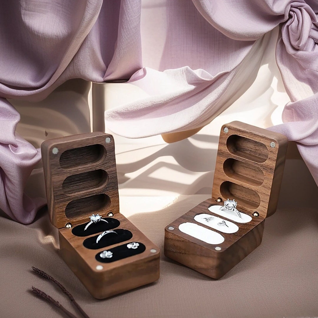 Triple Slots Wedding Ring Box, Engagement Ring Box Personalized, Wooden ...