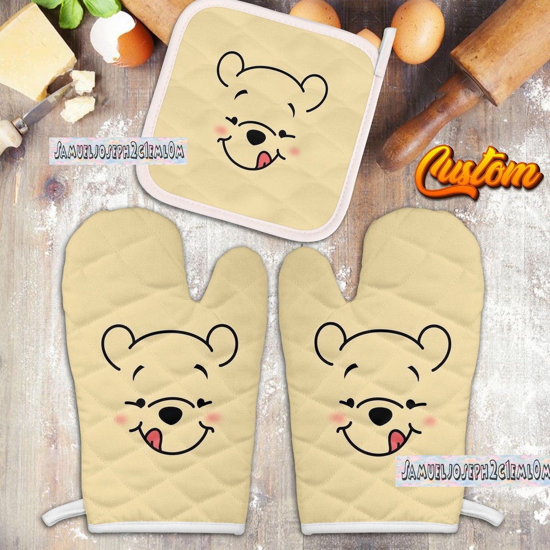 Personalized Winnie Pooh Oven Mitts and Pot-holder, Funny Oven Mitts Set, Customized Mitt ...