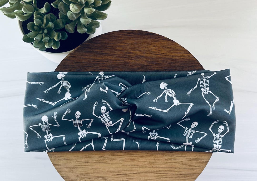 Grey Dancing Skeleton Headband: Spooky Halloween Yoga Headband, Knotted ...