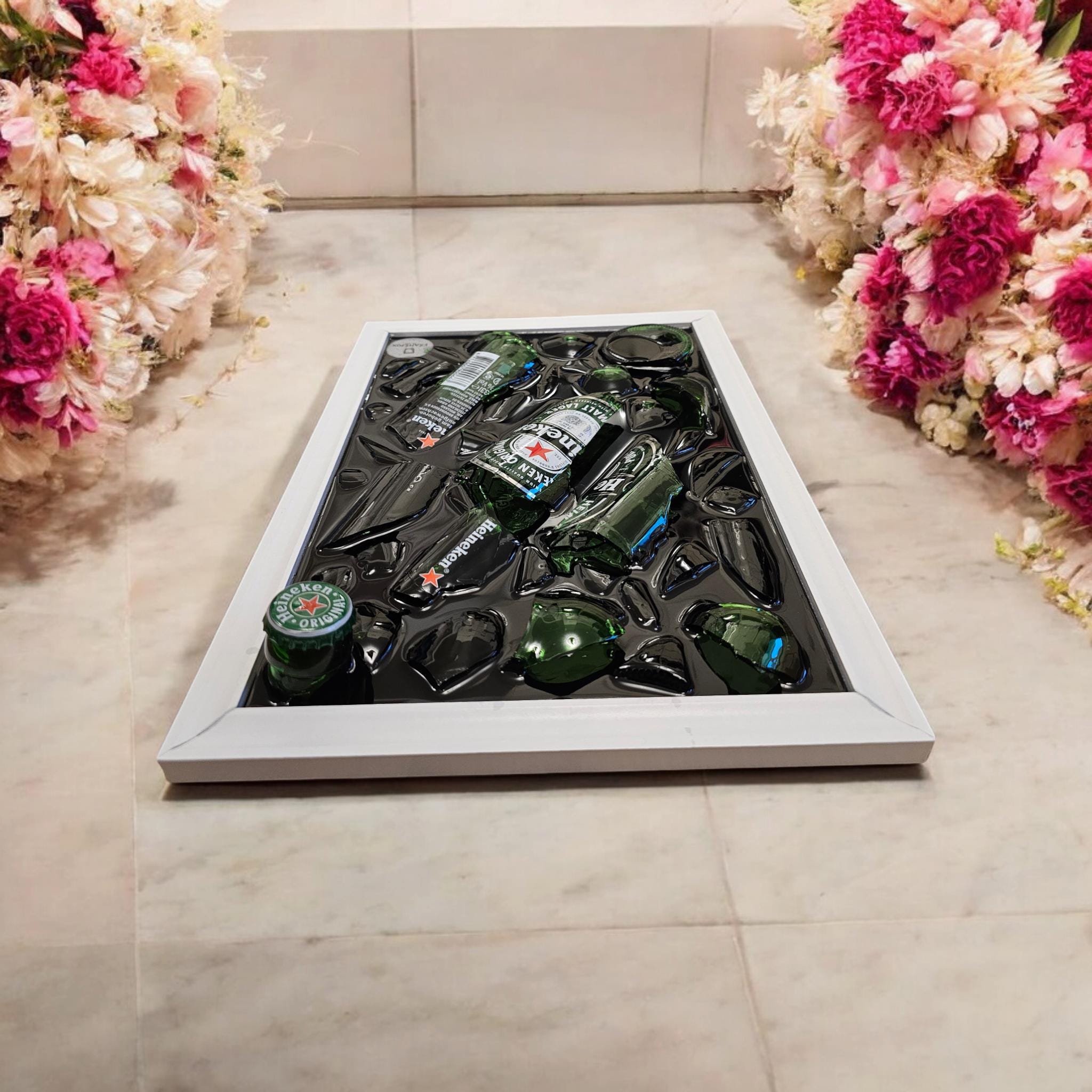 Heineken Bottle Frame Epoxy Wall Art, Decorative Broken Glass Wall Art ...