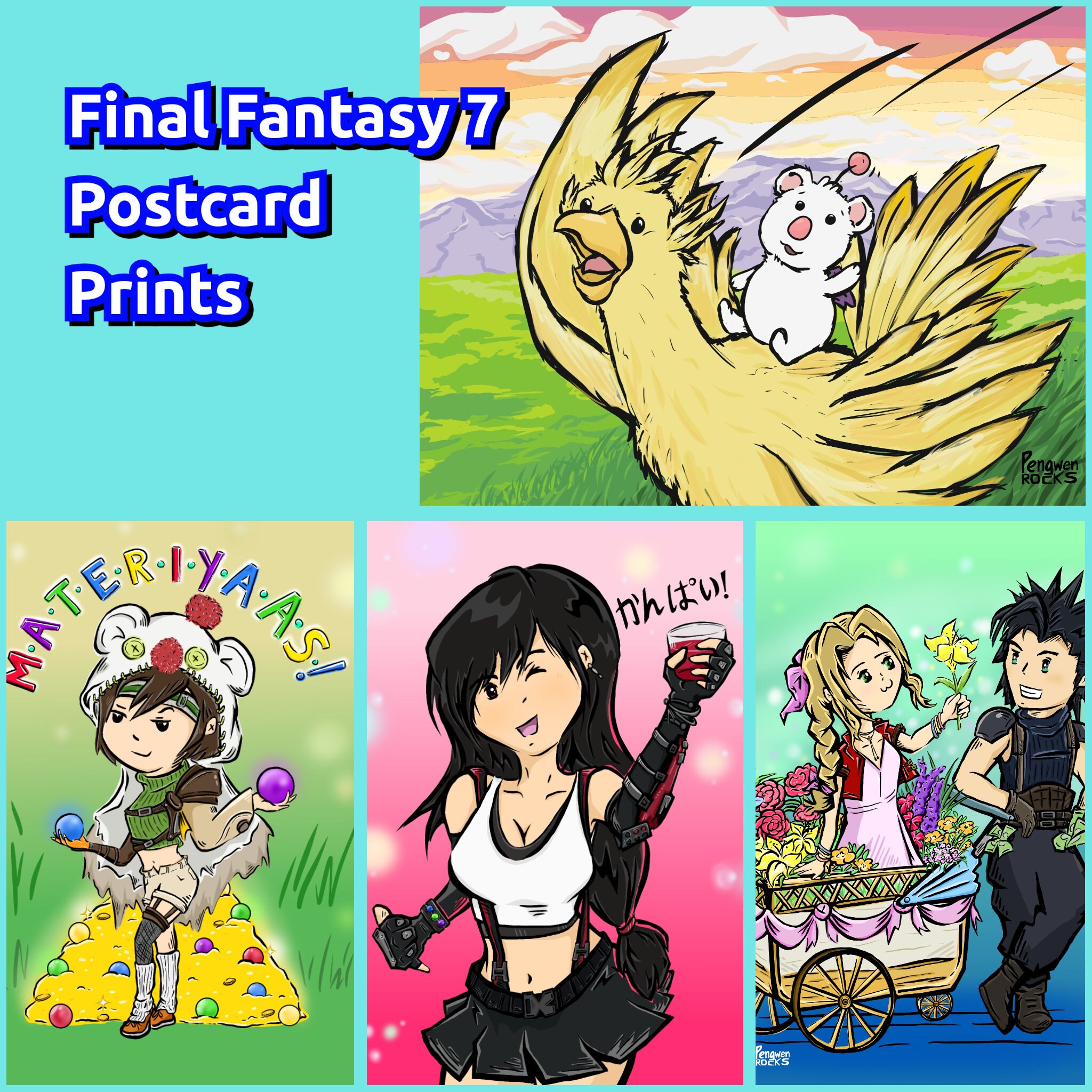 FF7 Postcard Prints, 4 Designs Chocobo Mog Yuffie Materiyaas Tifa ...
