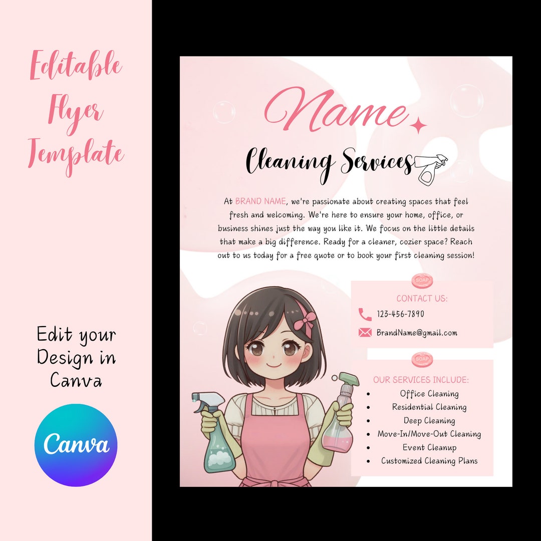 Cleaning Services Flyer, Adorable Pink Cleaning Services Flyer, Kawaii ...