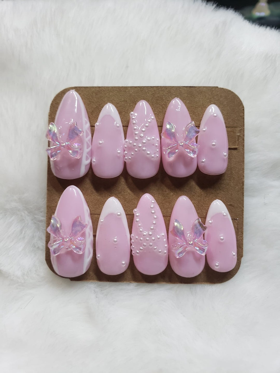 Cute Baby Pink Press on Nails,pink Iridescent Bow,mini Pearls,almond ...