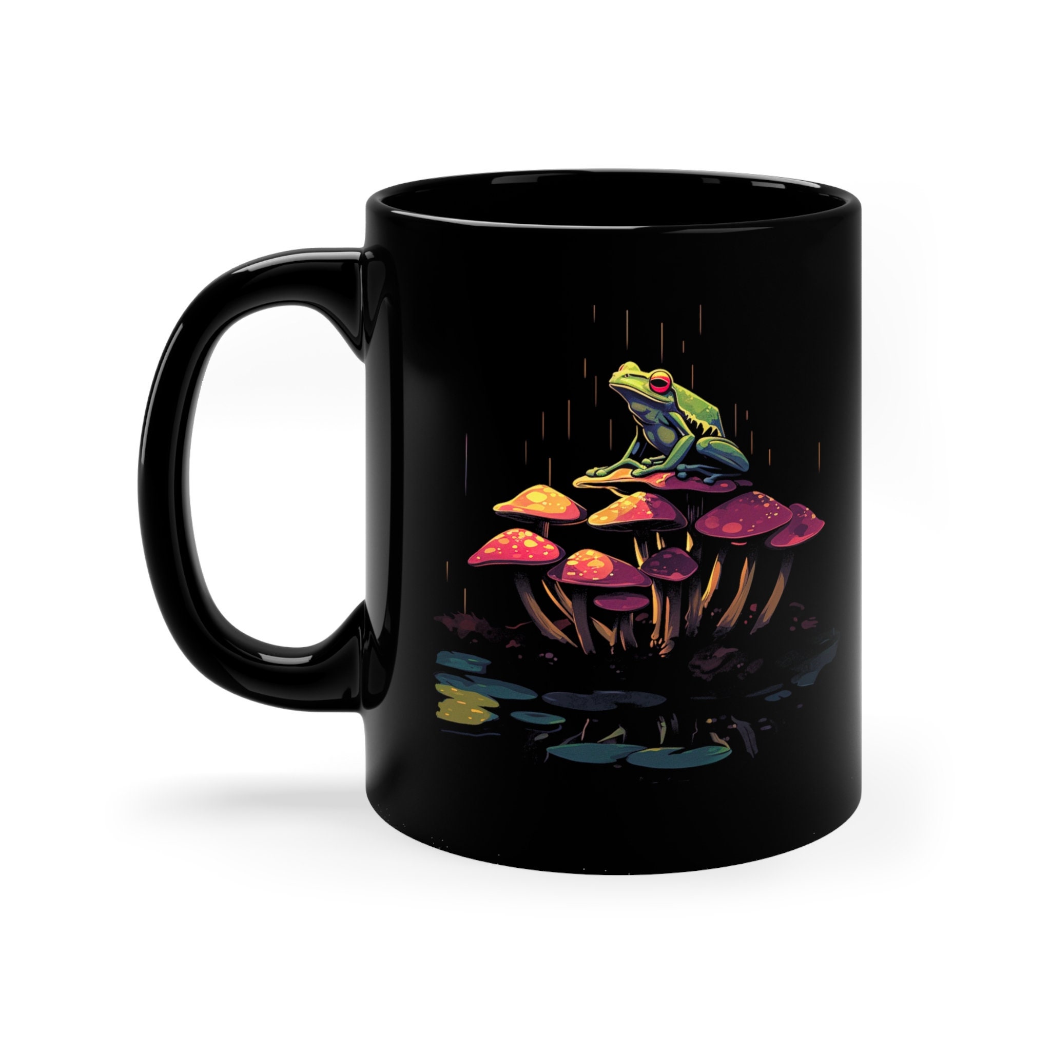 Frog Mushroom Coffee Mug, Frog and Mushroom Design, Black Mug, Frog Mug ...