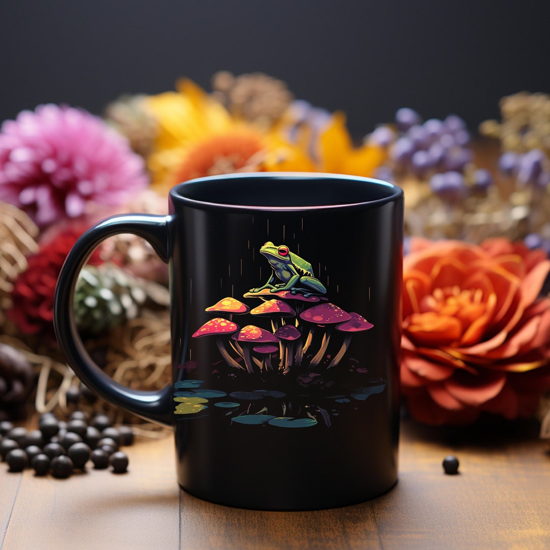 Frog Mushroom Coffee Mug, Frog and Mushroom Design, Black Mug, Frog Mug ...
