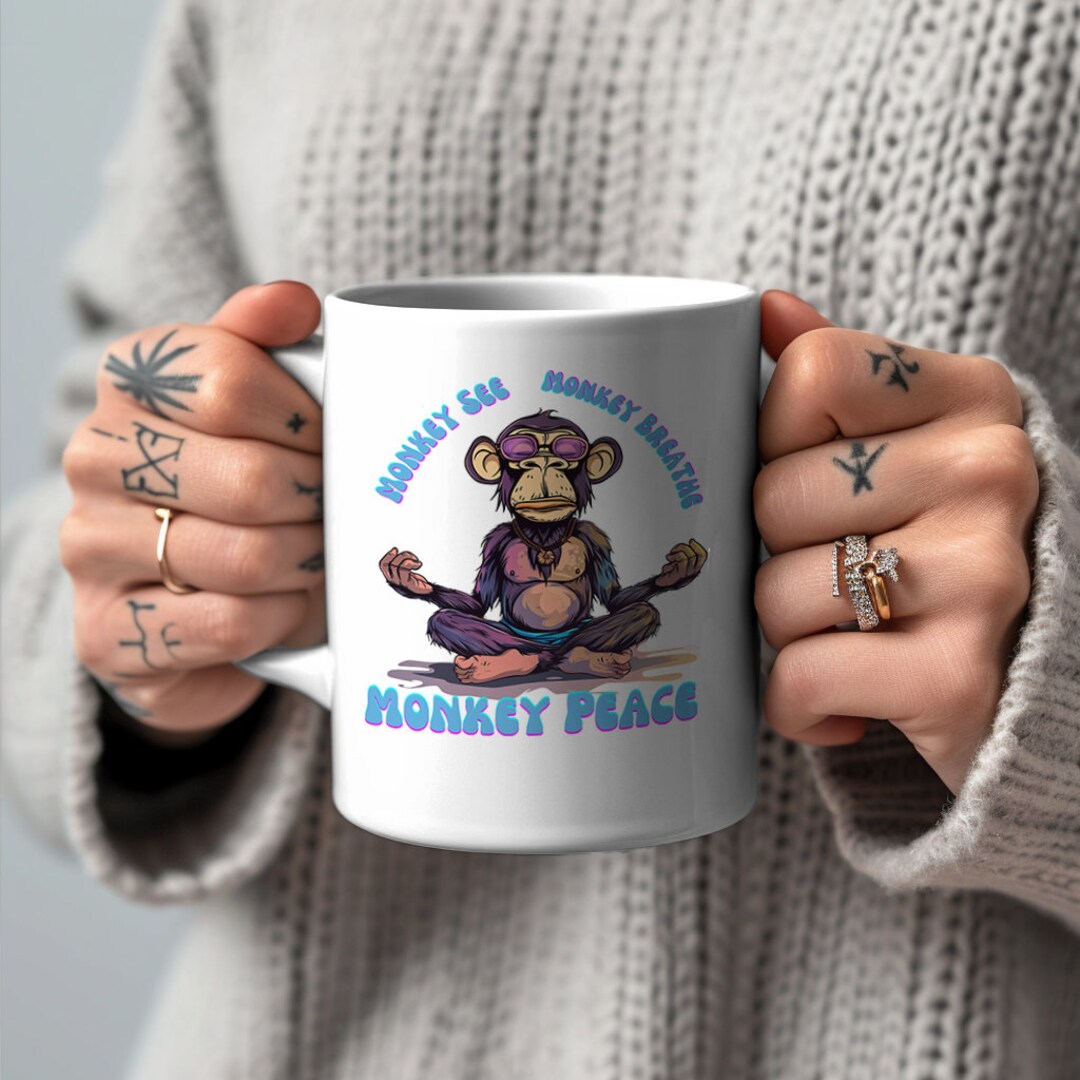 Monkey Peace Mug, Meditation Mug, Monkey Mug, Meditative Words ...