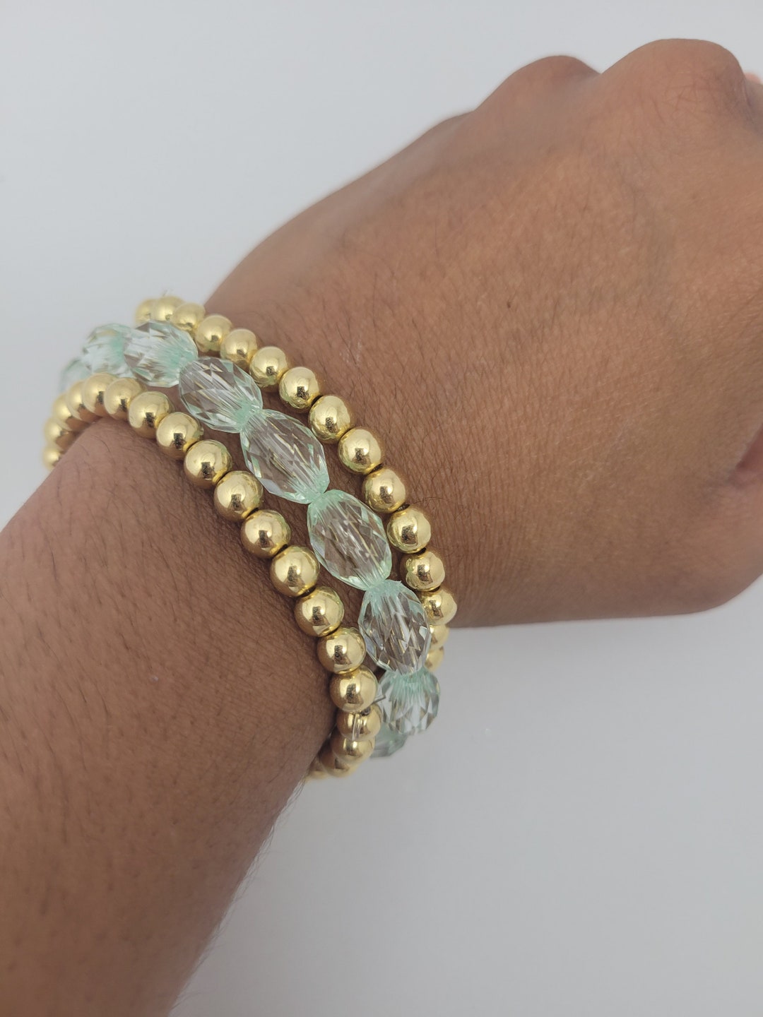 Elegant Triple Strand Blue Crystal Bracelet With Gold Beads, Large ...