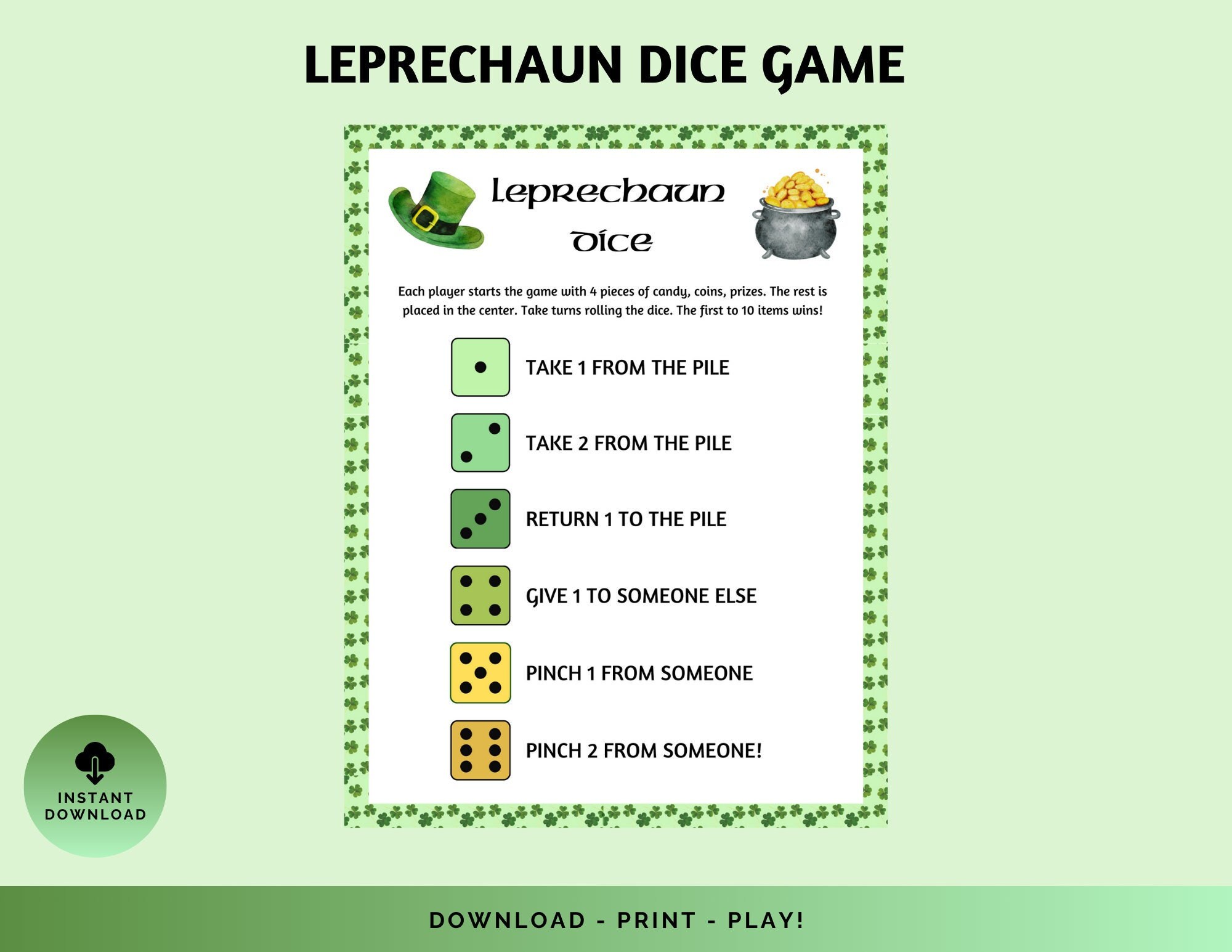 Leprechaun Dice Game, St. Patrick's Day Candy Dice Game, Printable Roll ...
