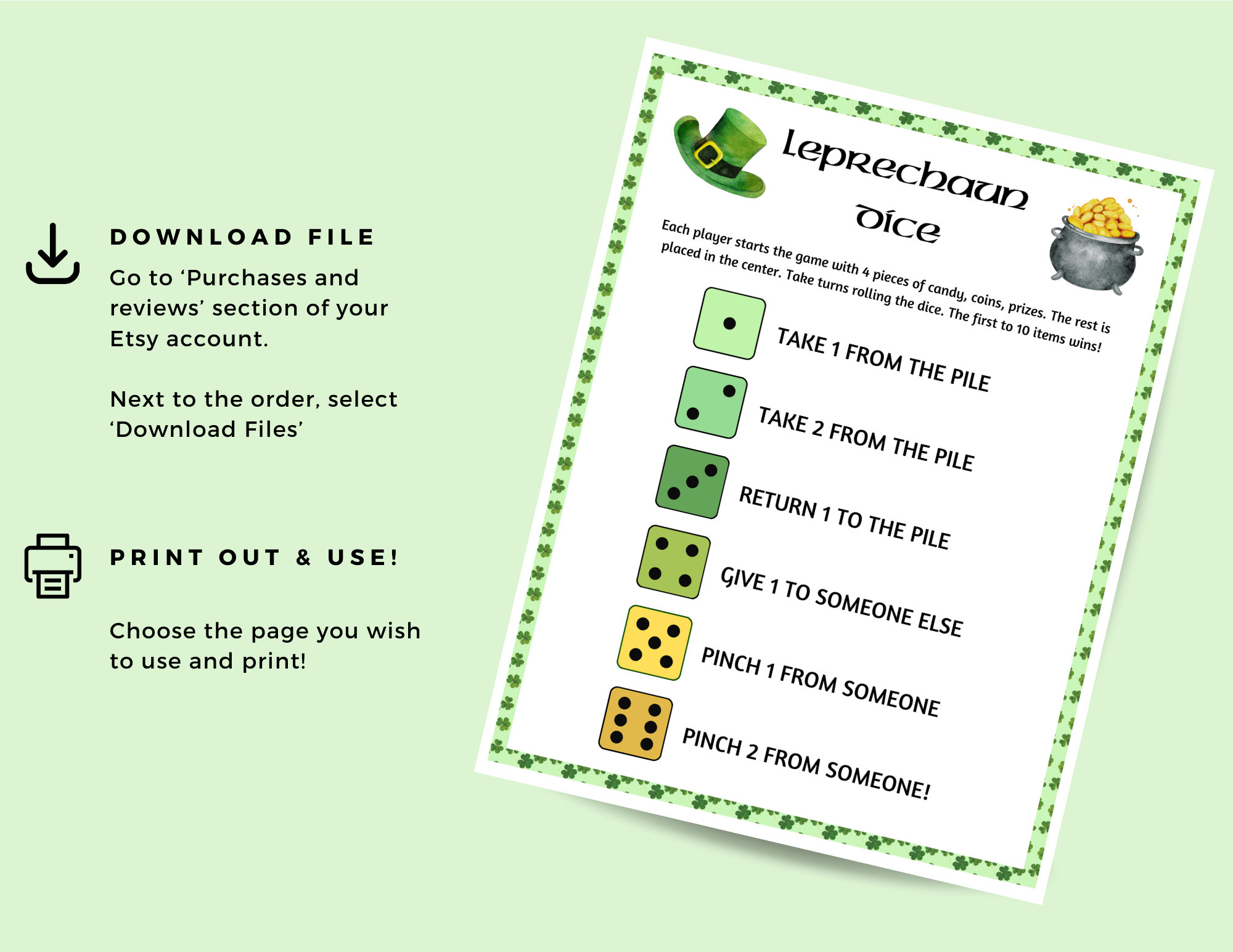 Leprechaun Dice Game, St. Patrick's Day Candy Dice Game, Printable Roll ...