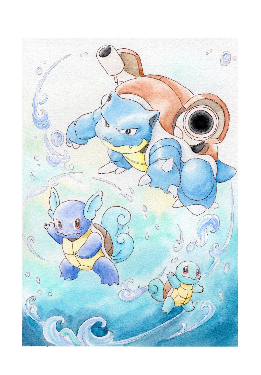 Pokemon Squirtle Wartortle Blastoise Ink & Wash Watercolor Fan Artwork ...