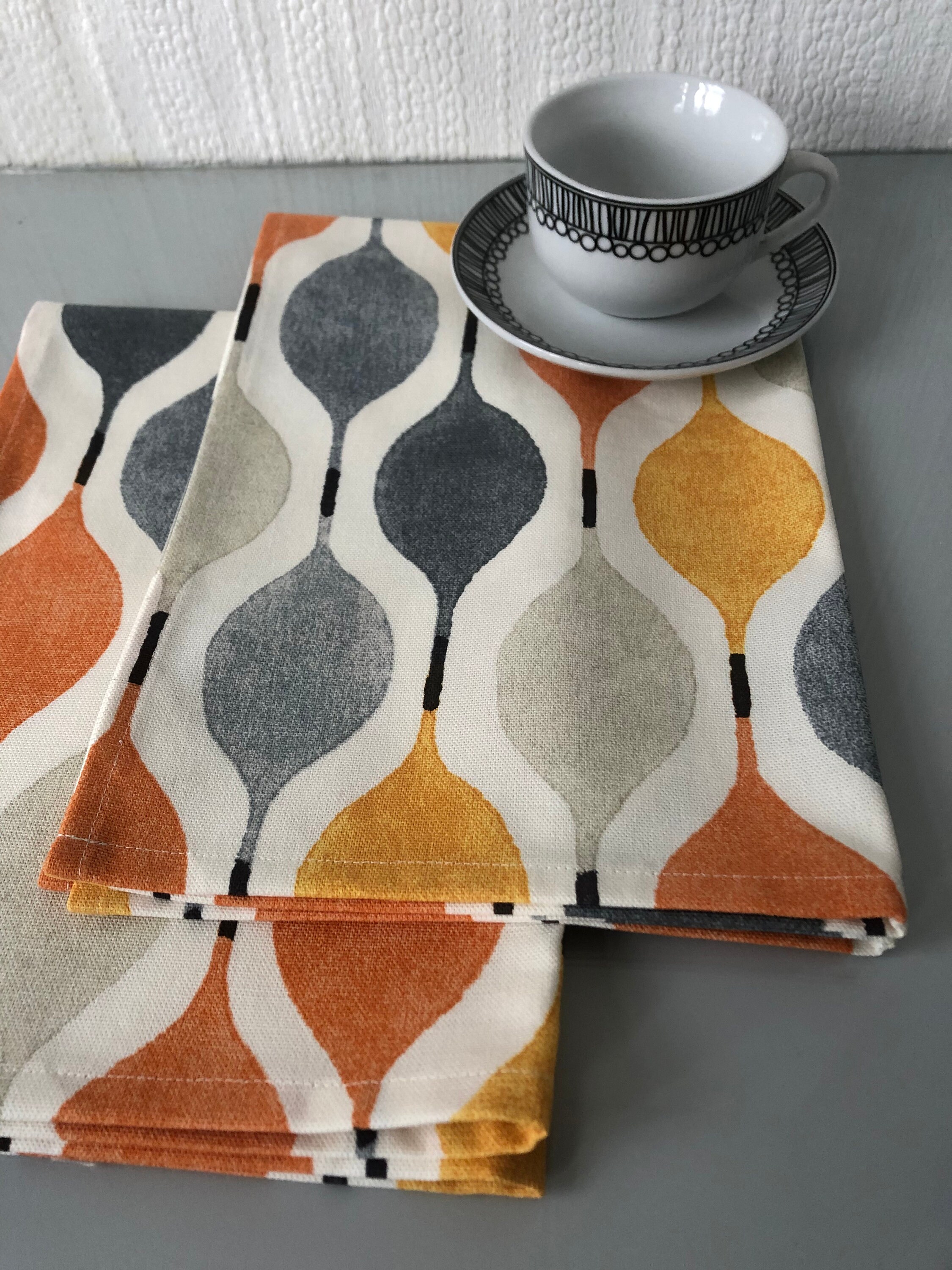 PAIR Tea Towels Funky Orange Grey Geometric Cotton With Hanging Loop ...