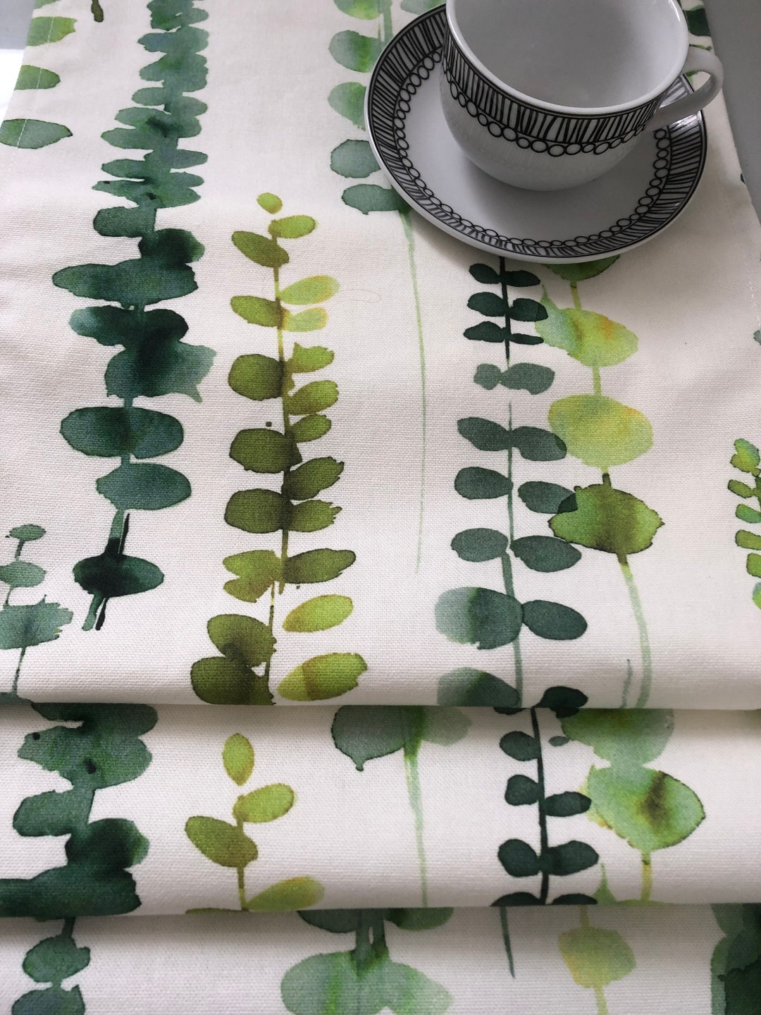 6.5ft Greens Table Runner Funky Modern Floral Leaf Cotton Sideboard ...