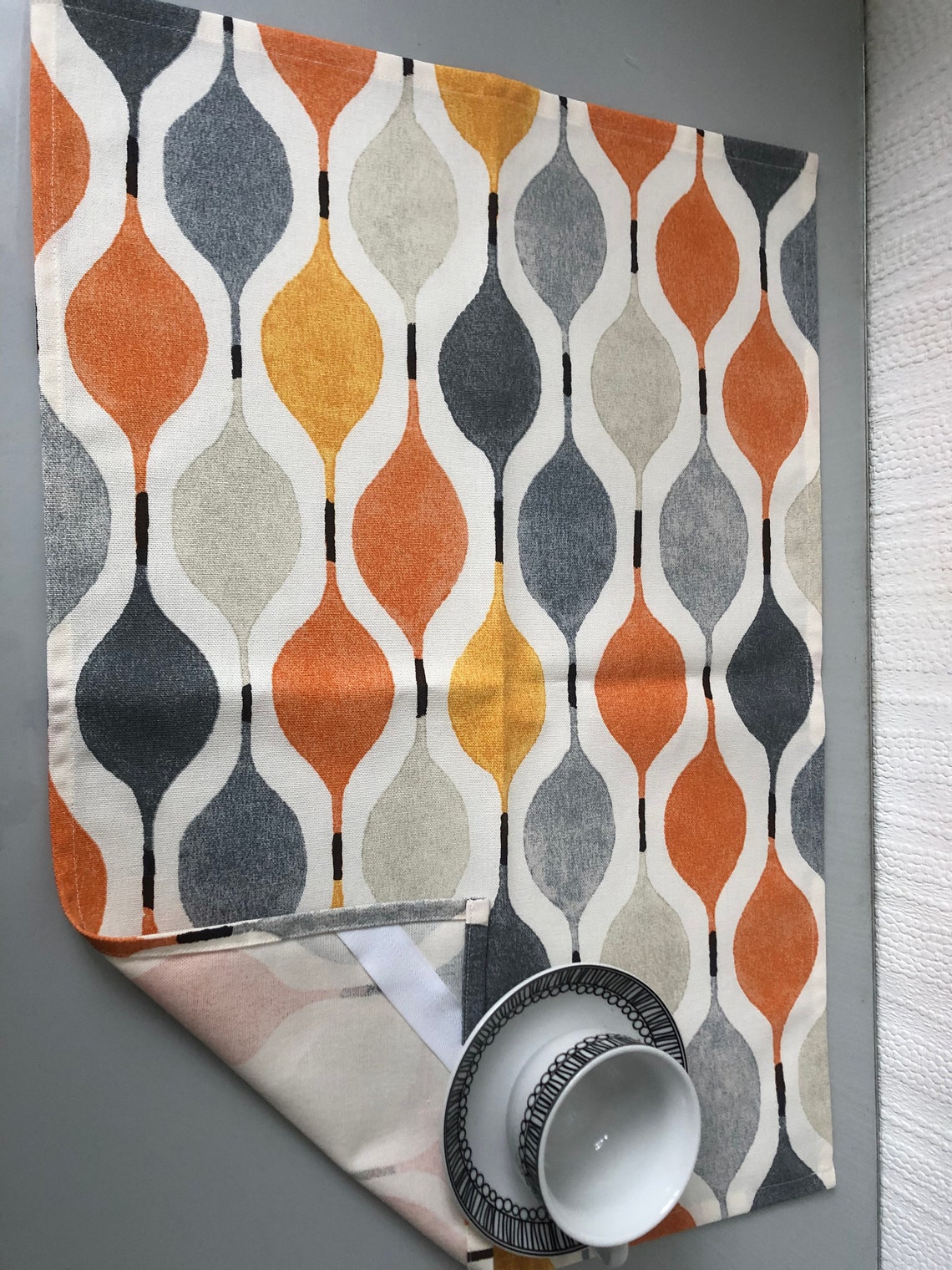 PAIR Tea Towels Funky Orange Grey Geometric Cotton With Hanging Loop ...
