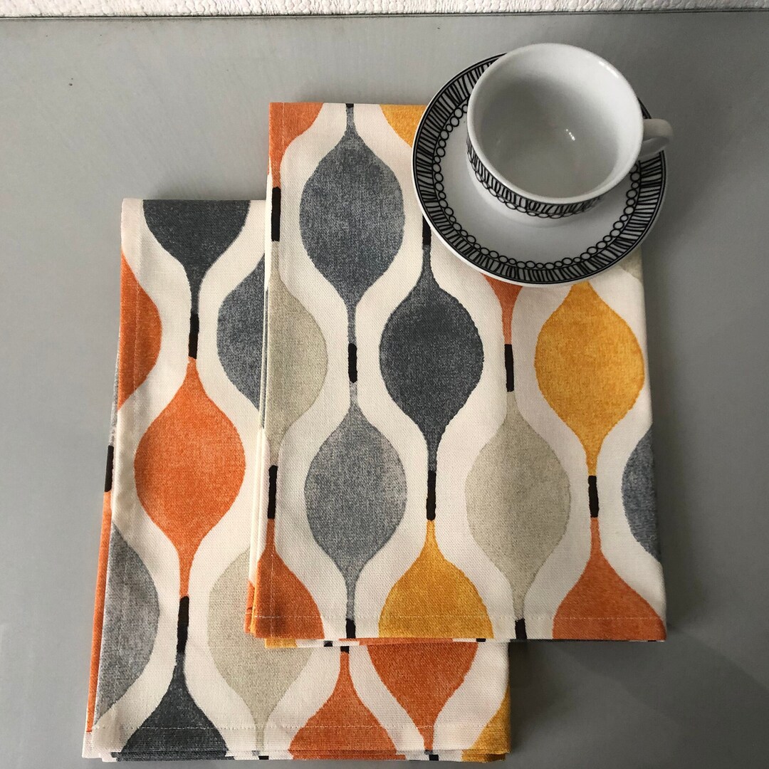 PAIR Tea Towels Funky Orange Grey Geometric Cotton With Hanging Loop ...