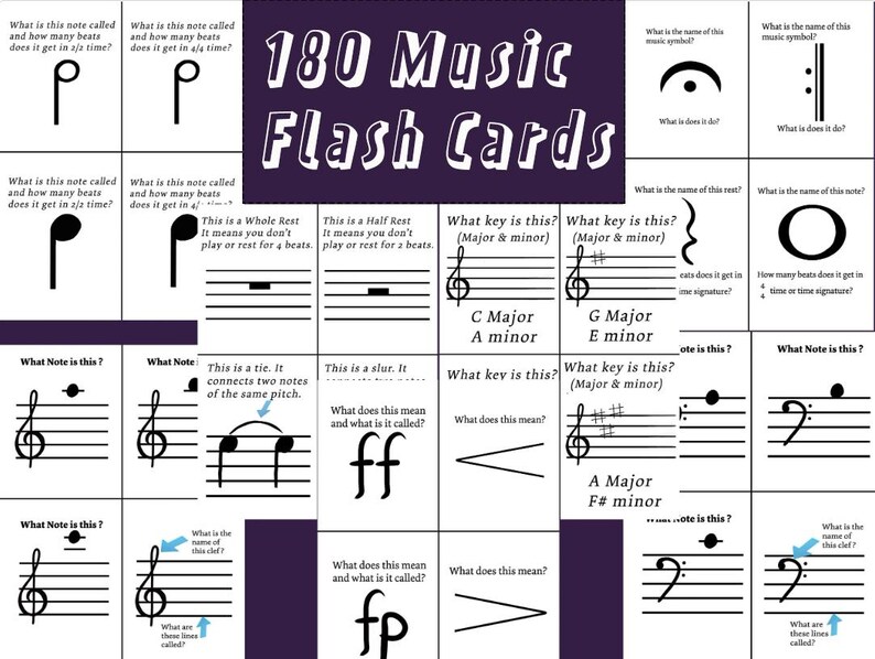 180 Music Flash Cards for Beginners, Music Theory, Beginner Music ...