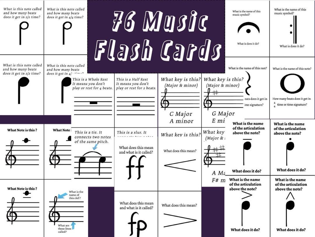 76 Treble Clef Music Flash Cards, Music Theory, Beginner Music Theory ...