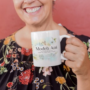 Modeh Ani Ceramic Mug With Flower Design 11oz | Jewish Gifts | Morning ...