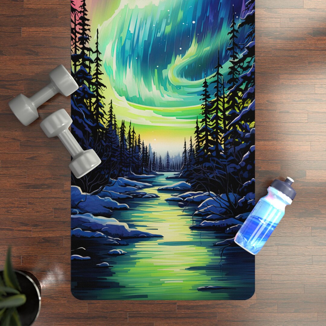 Northern Lights, Aurora Forest Stream Yoga Mat, Rubber Yoga Mat, Nature ...