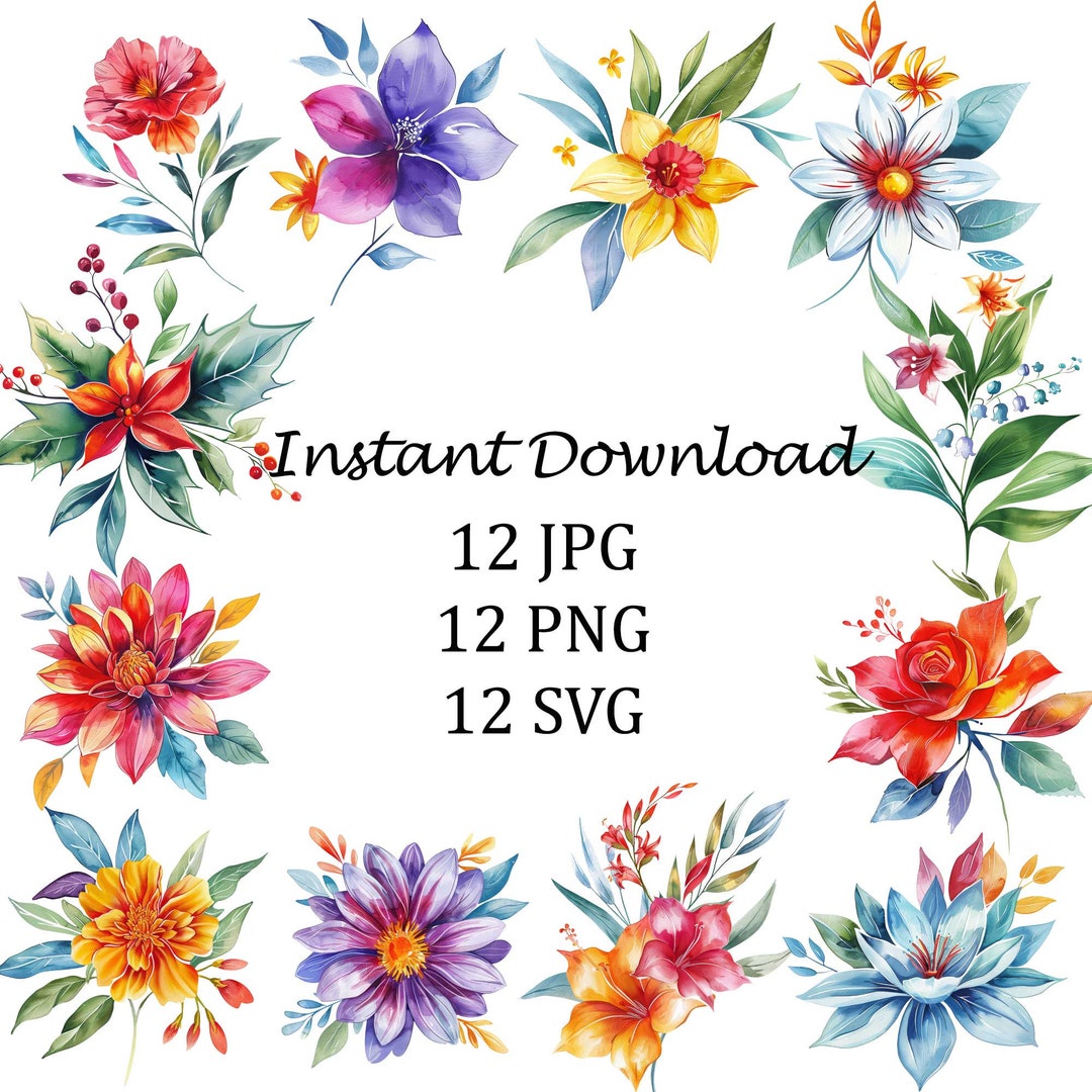 Flower Bundle - Floral Watercolor Clipart - 36 Files JPG, PNG, SVG ...