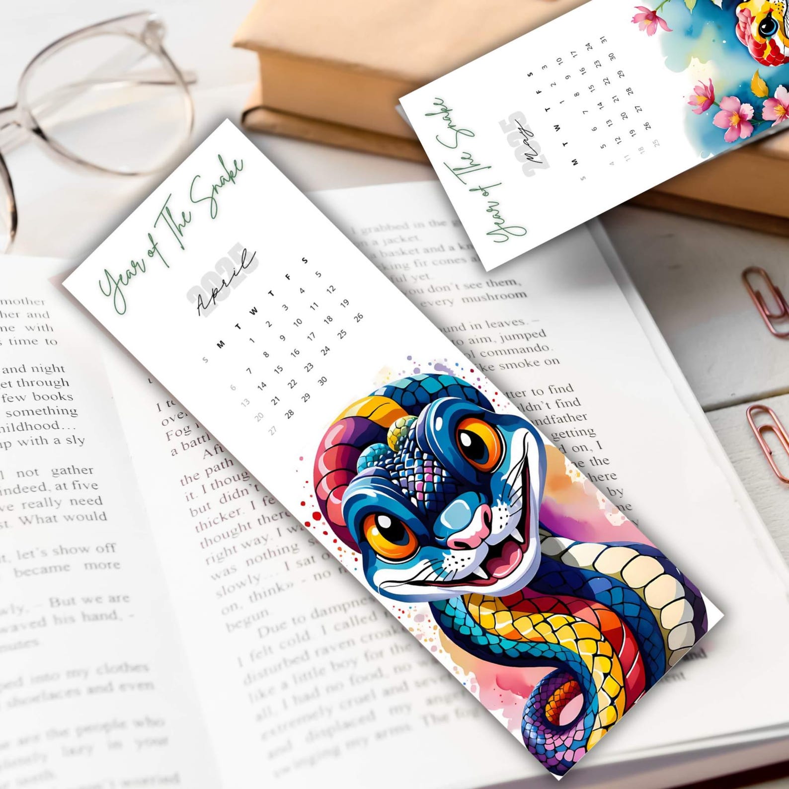 Giftful Bookmarks With 2025 Minicalendar for Year of the Snake – 12 Watercolor Artful Snake ...